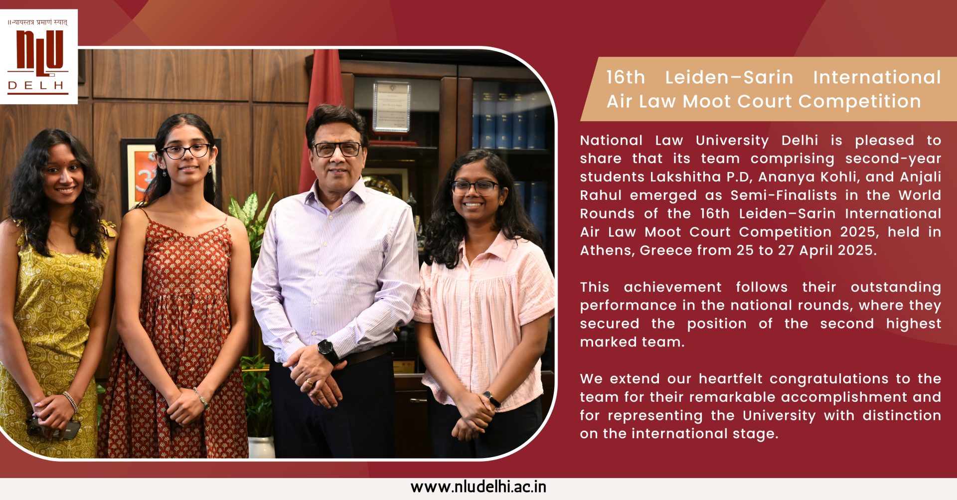 NLU Delhi Team Emerges Semi-Finalist at 16th Leiden–Sarin International ...